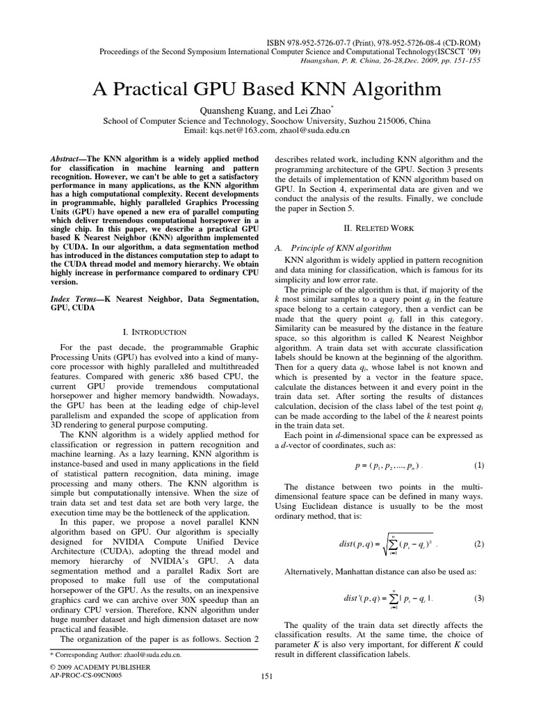 A Practical Gpu Based Knn Algorithm Quansheng Kuang And Lei Zhao Pdf Parallel Computing