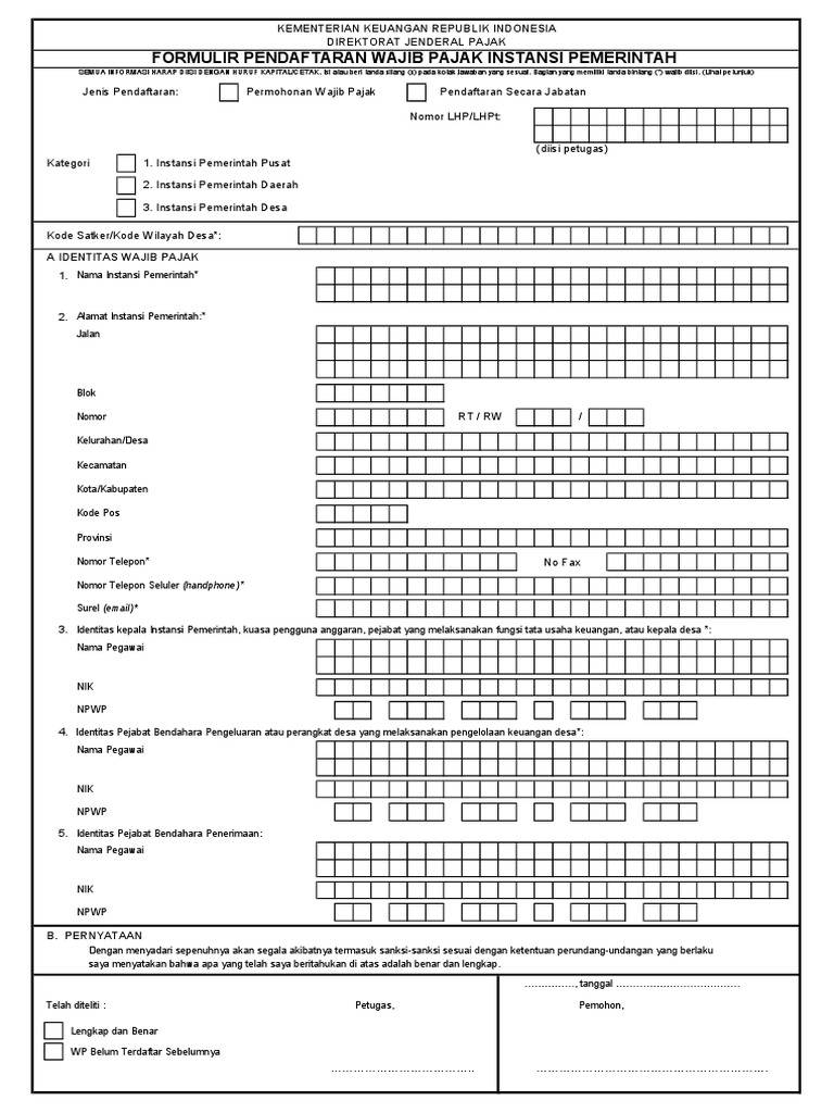 Formulir Pendaftaran NPWP Instansi Pemerintah | PDF