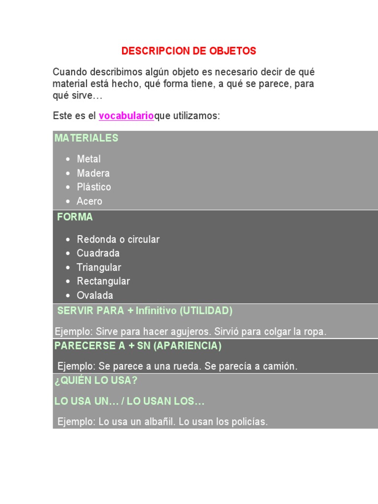 Descripcion de Objetos | PDF