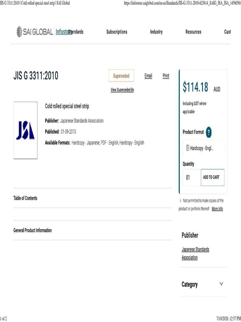 JIS G 3311 - 2010 - Cold Rolled Special Steel Strip - SAI Global | PDF ...