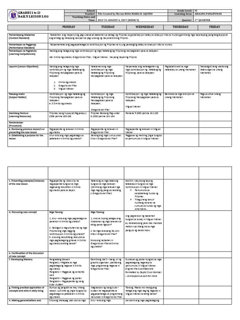 Grade 6 DLL Araling Panlipunan 6 Q1 Week 9 | PDF