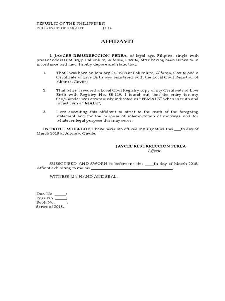 Affidavit - Discrepancy Sex - Gender | PDF