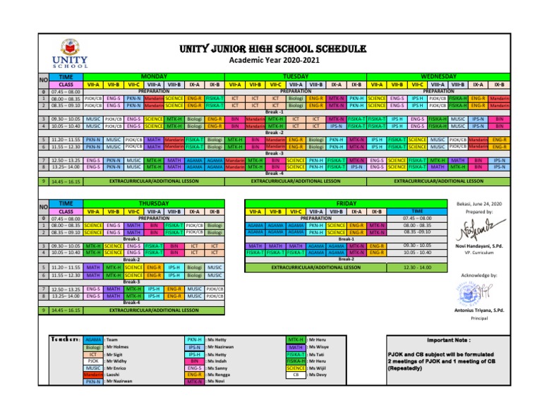 4 Unity Junior High School Schedule 2020-2021 | PDF