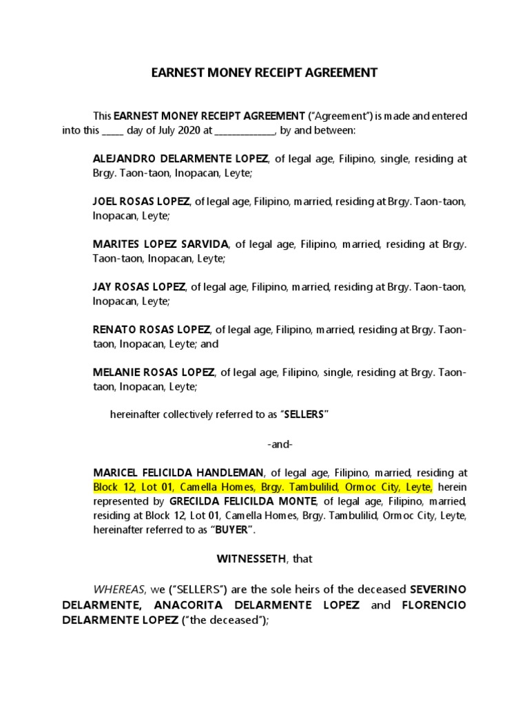 Earnest Money Receipt Agreement | PDF | Deed | Taxes