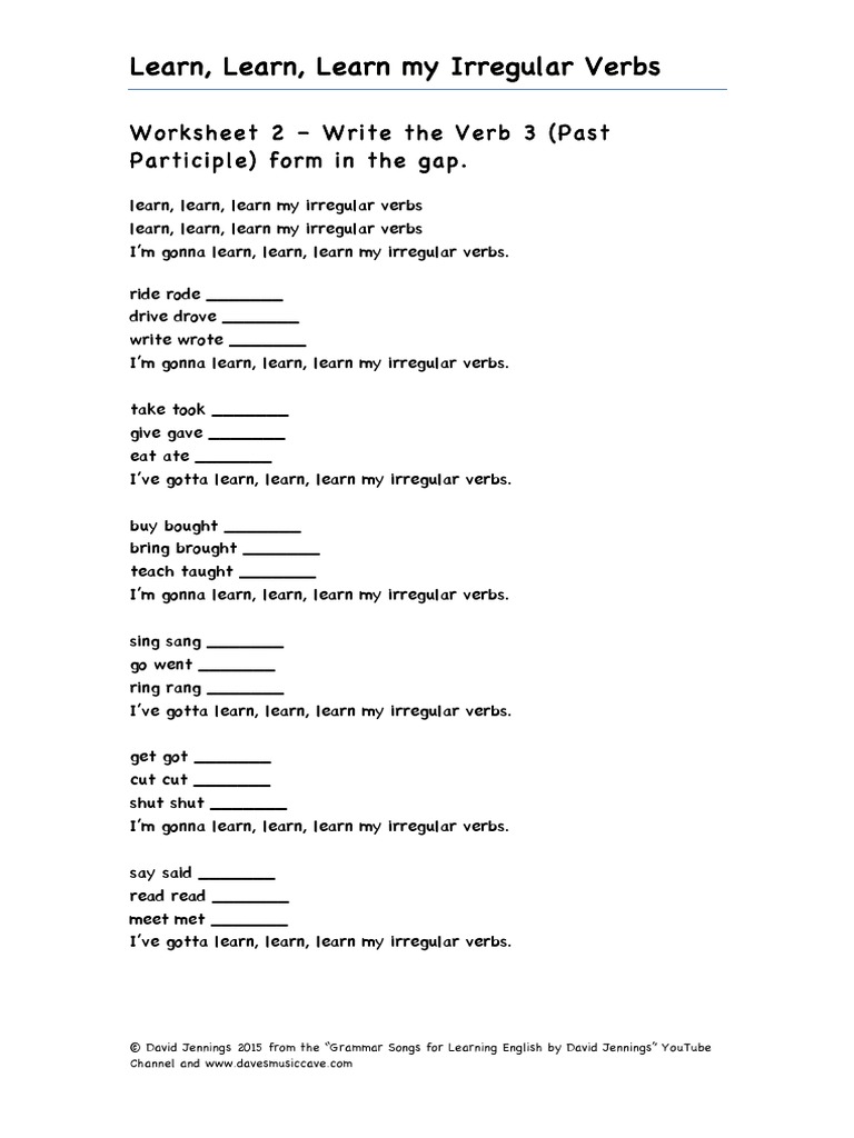Learn, Learn, Learn My Irregular Verbs: Worksheet 2 - Write The Verb 3 ...