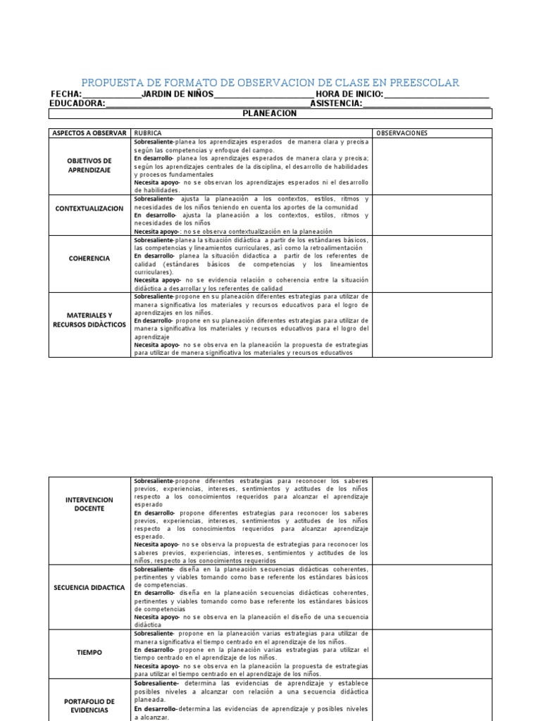 Propuesta de Formato de Observacion de Clase en Preescolar | PDF | Planificación | Aprendizaje