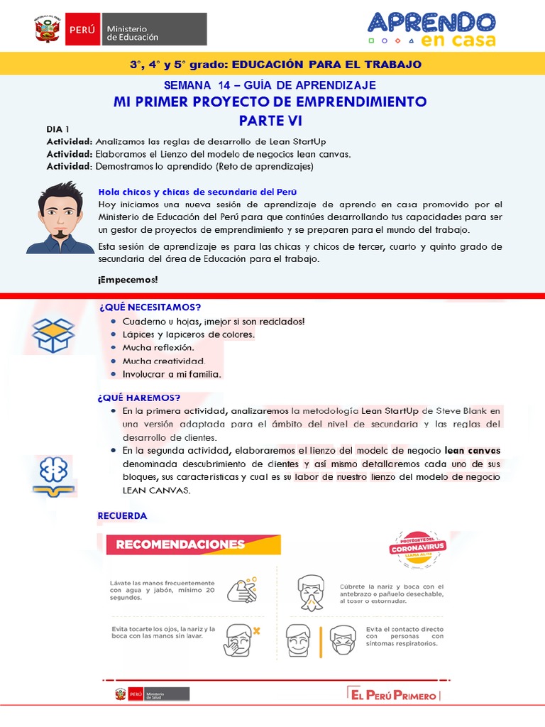 Semana 14 - 3°, 4° y 5° EPT - Guías de Aprendizaje - Mi Primer Proyecto de Emprendimiento VI | PDF