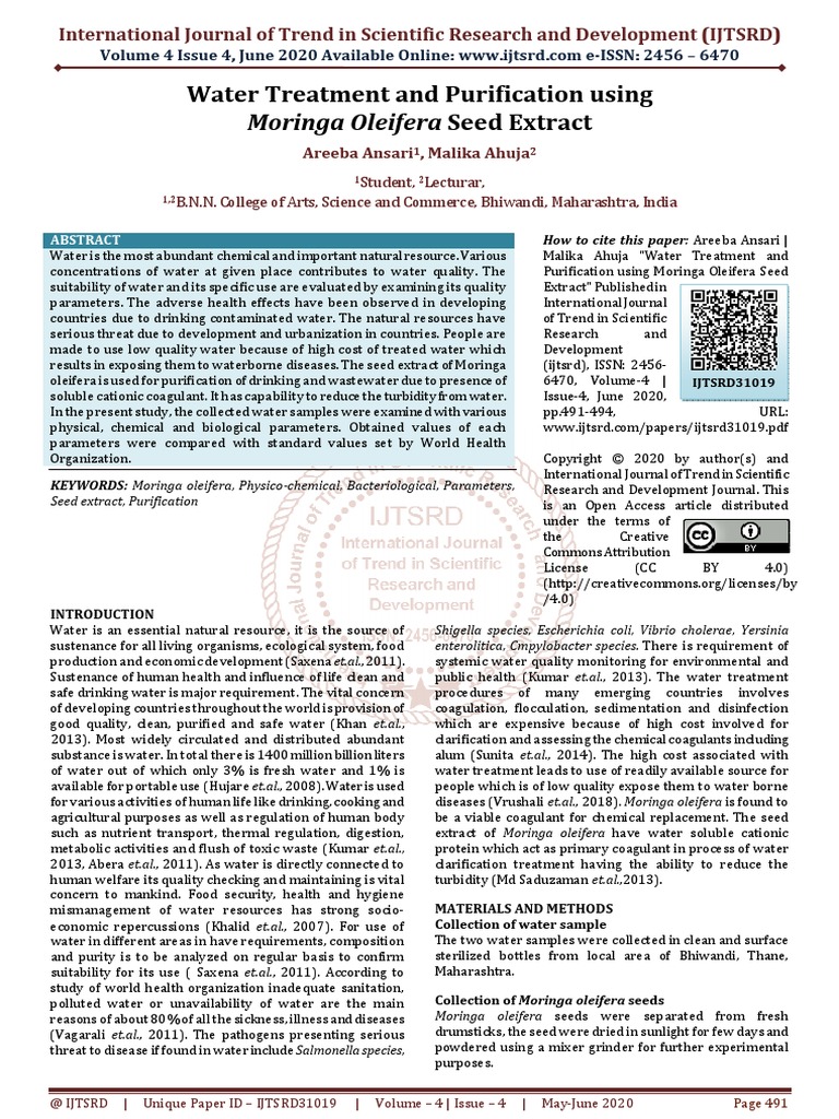 Water Treatment and Purification Using Moringa Oleifera Seed Extract ...