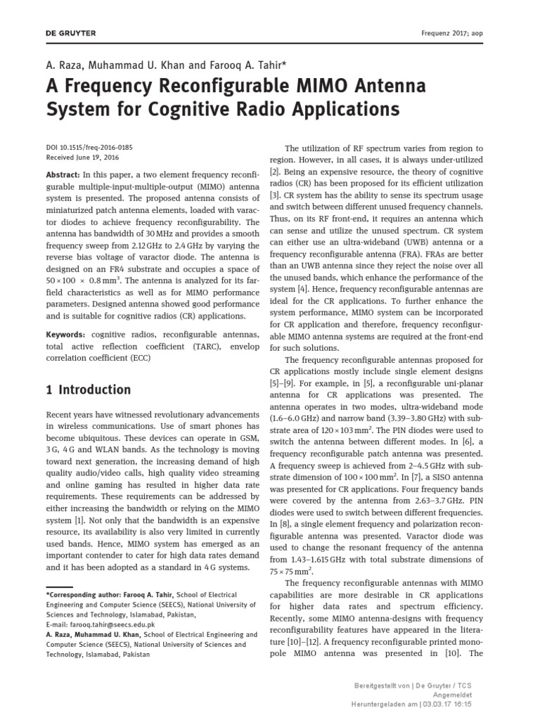Frequenz A Frequency Reconfigurable Mimo Antenna System For Cognitive