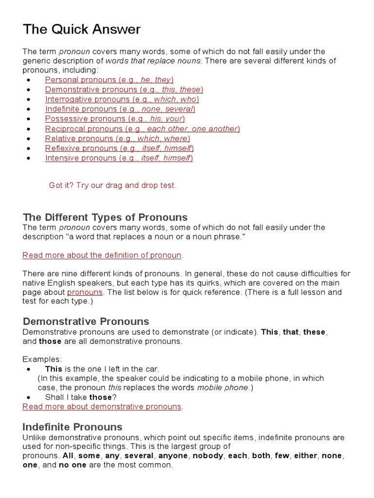The Quick Answer: The Different Types of Pronouns | PDF | Pronoun ...