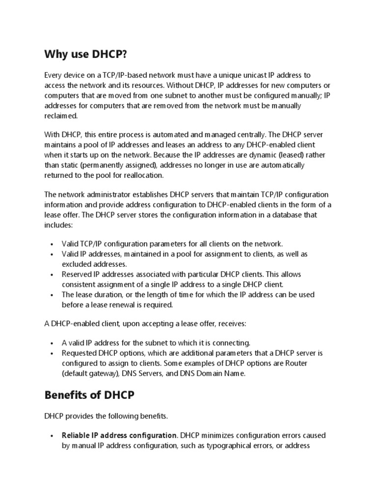 Why Use DHCP?: Reliable IP Address Configuration. DHCP Minimizes Configuration Errors Caused ...