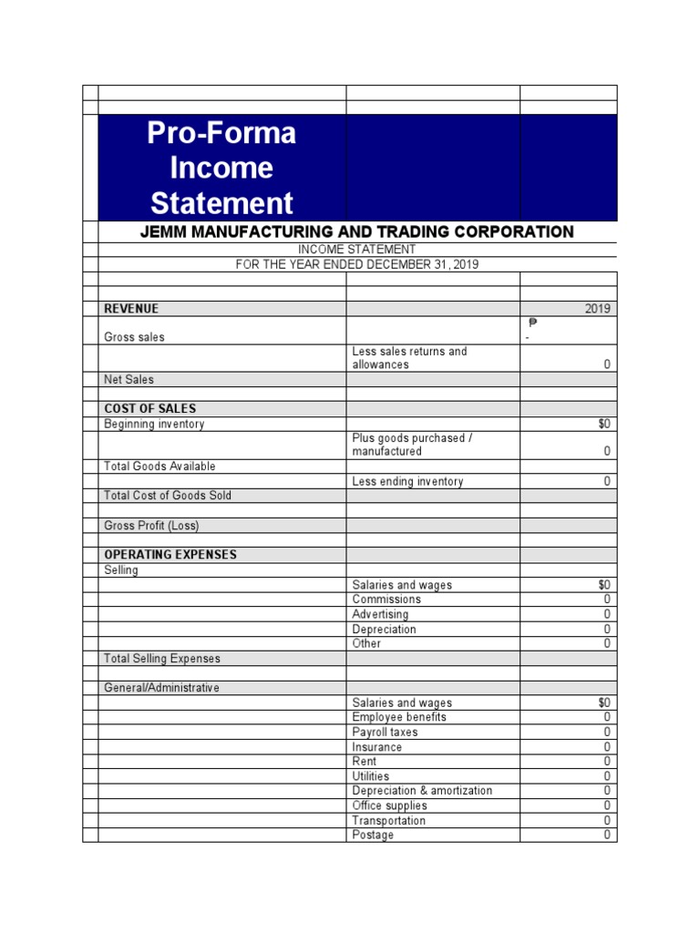 Pro-Forma Income Statement: Jemm Manufacturing and Trading Corporation ...