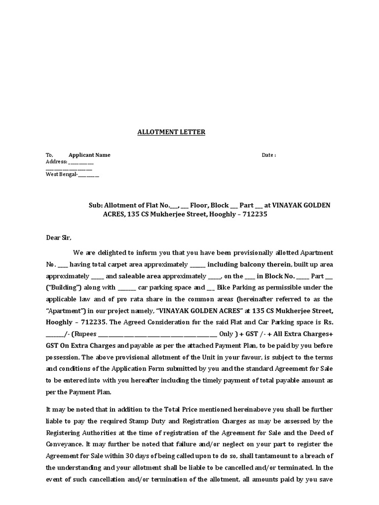 Allotment Letter Sale Agreement Deed of Conveyance For Vinayak Golden ...