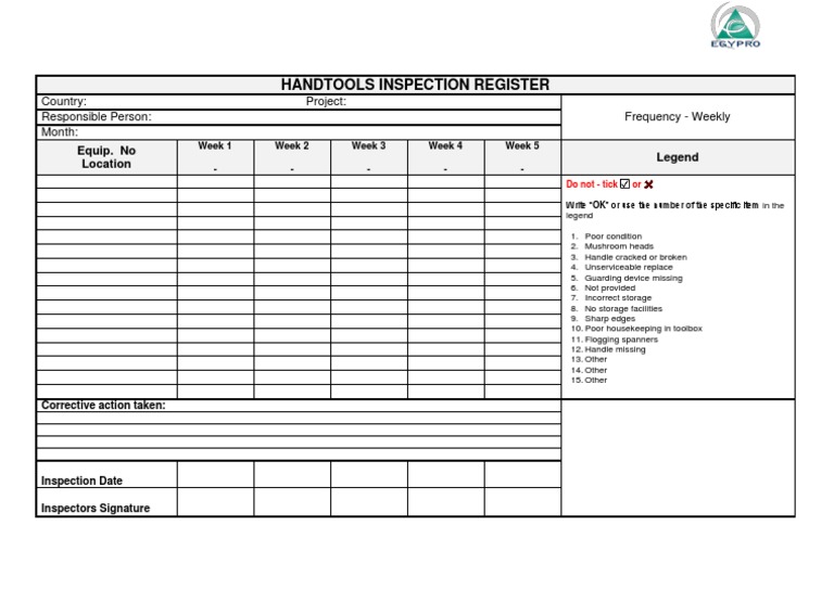 Handtools Inspection Register: Equip. No Location Legend | PDF