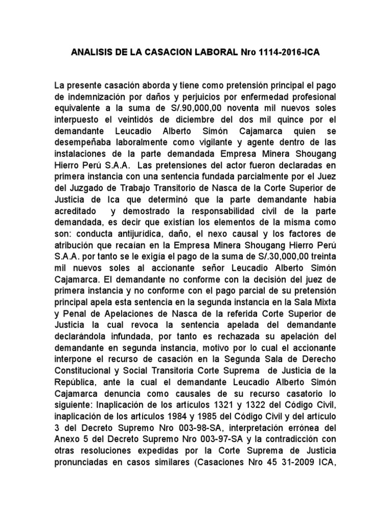 Análisis de La Casación Laboral Nro 1114-2016 (ICA) ...... Boris ... Análisis de La Casación Laboral Nro 1114-2016 (ICA) ...... Boris ...