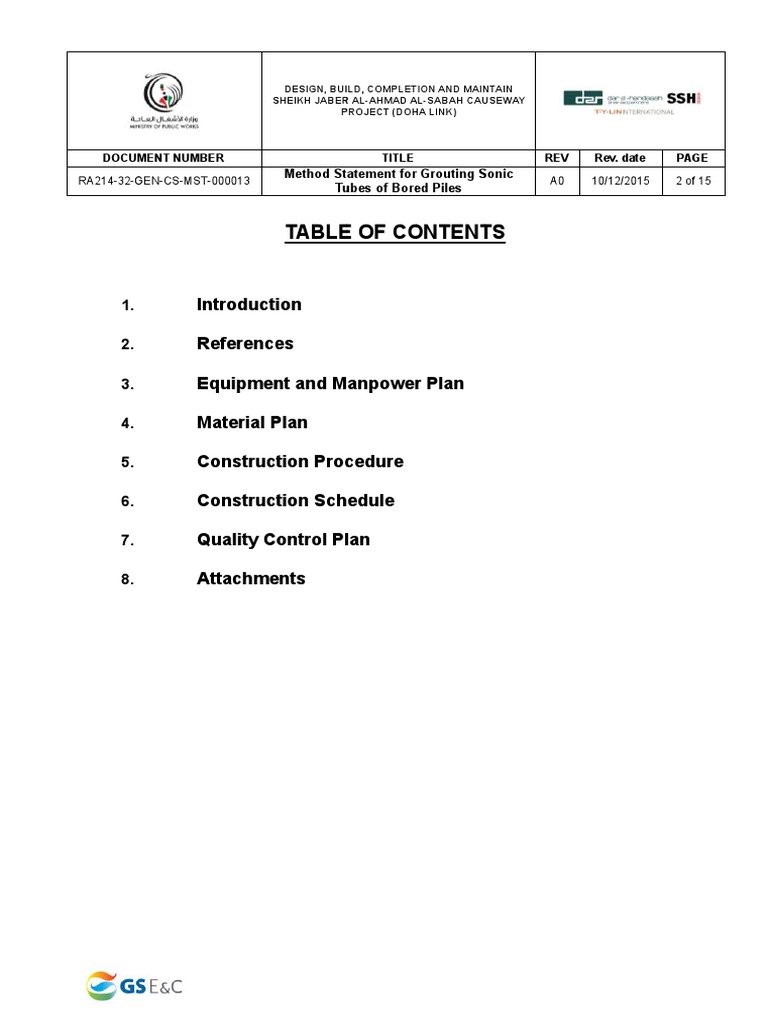 Method Statement For Grouting Sonic Tubes of Bored Piles | PDF | Deep Foundation | Heavy Equipment