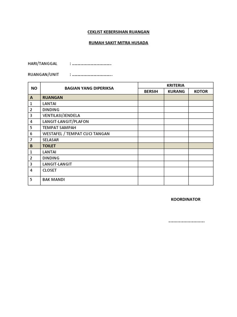 Ceklist Kebersihan Ruangan | PDF