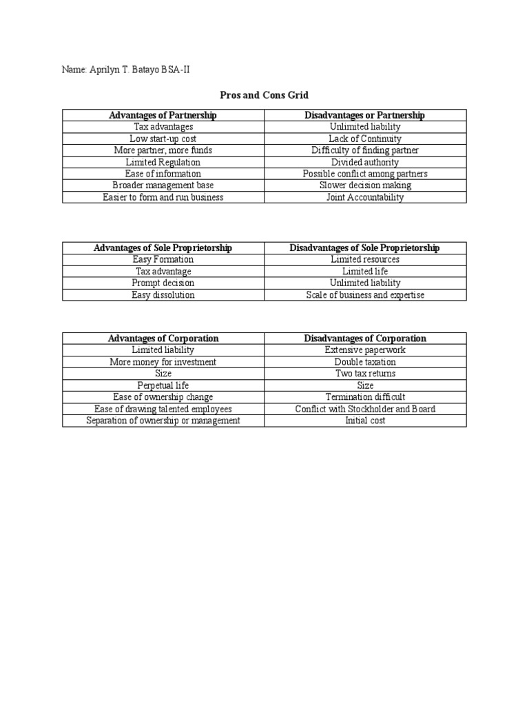 Pros and Cons Grid | PDF