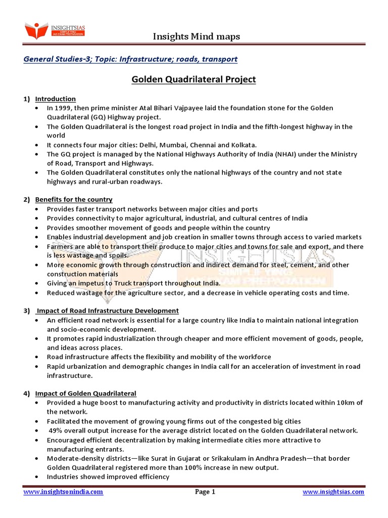 Insights Mind Maps: Golden Quadrilateral Project | PDF | Transport ...