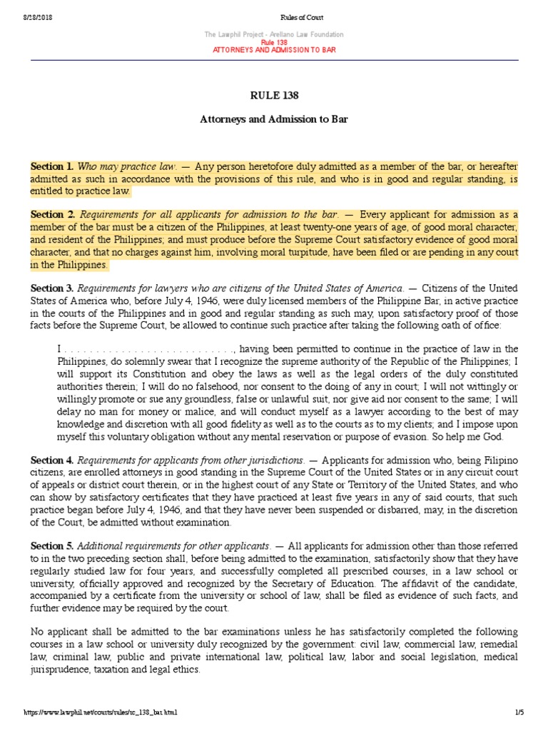 Rule 138 Attorneys and Admission To Bar: The Lawphil Project Arellano ...