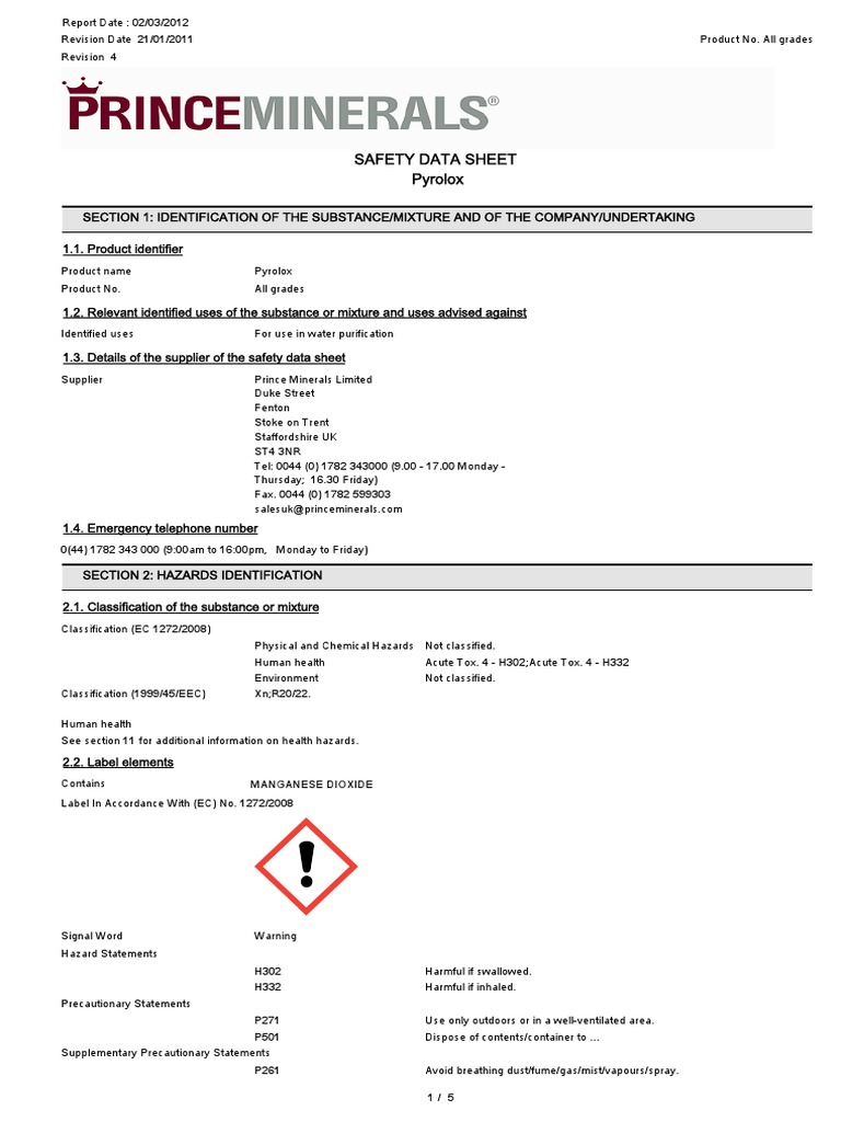 Safety Data Sheet Pyrolox | PDF | Dangerous Goods | Chemistry