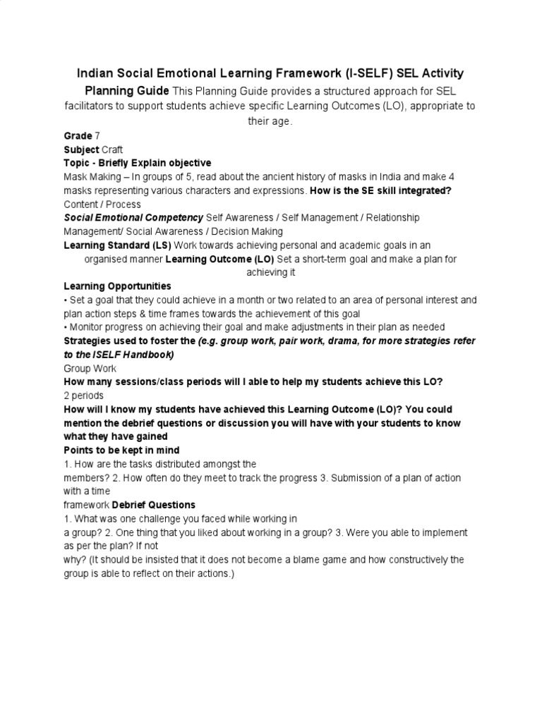 Indian Social Emotional Learning Framework (I-SELF) : SEL Activity ...