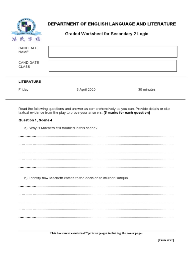 Graded Worksheet For Secondary 2 Logic: Department of English Language ...