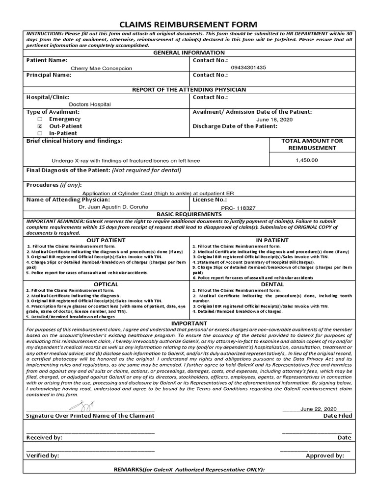 CLAIMS REIMBURSEMENT FORM Edited | PDF | Patient | Receipt