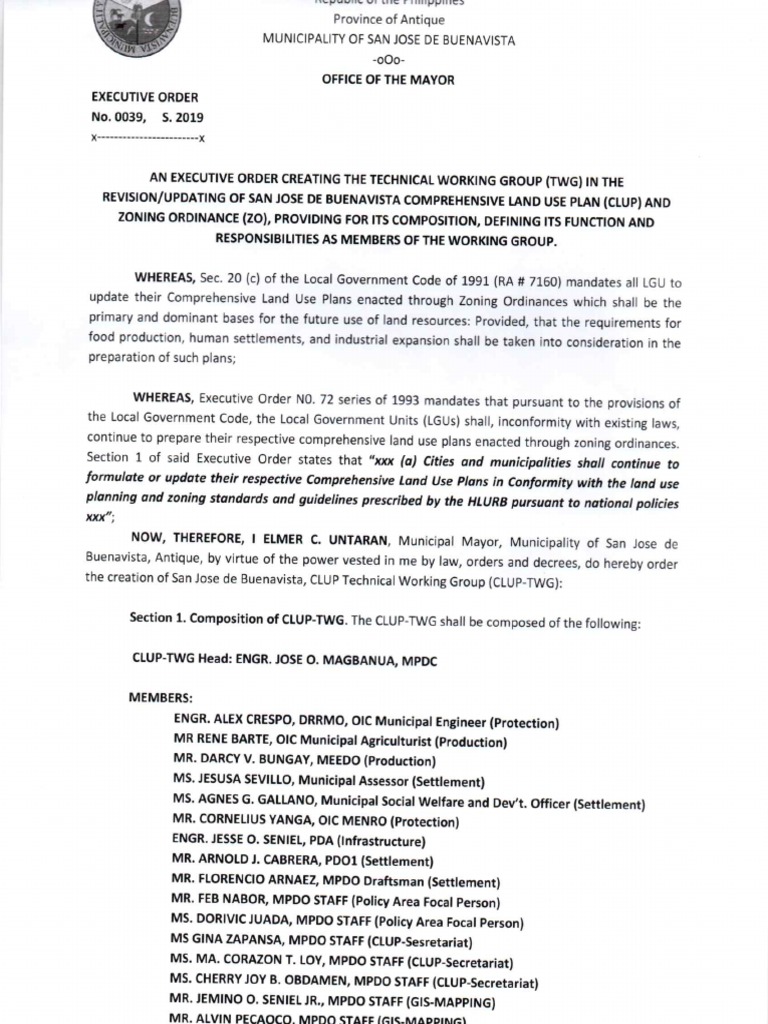 Executive Order On TWG Formation For CLUP Updating, San Jose de ...