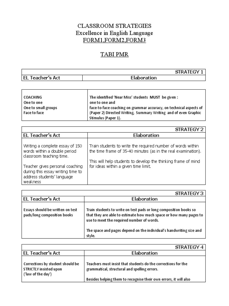 EL PMR Classroom Strategies | PDF | Teachers | Essays