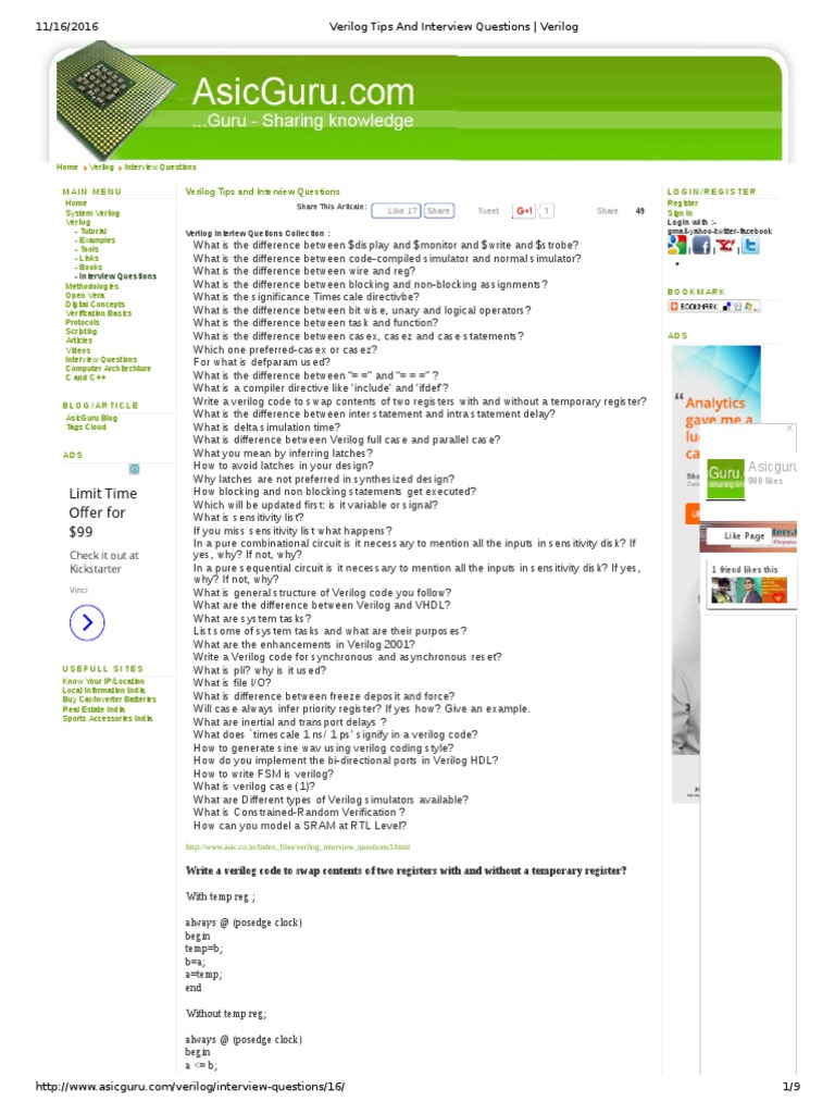 Limit Time Oerfor $99: Verilog Tips and Interview Questions | PDF | Vhdl | Hardware Description ...