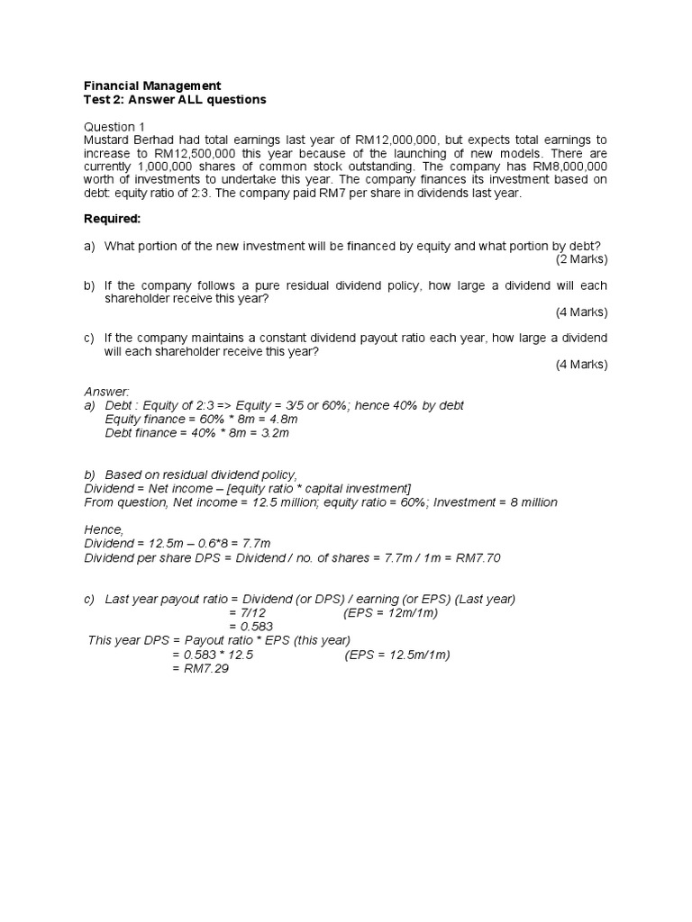 Financial Management Test 2: Answer ALL Questions | PDF | Dividend ...