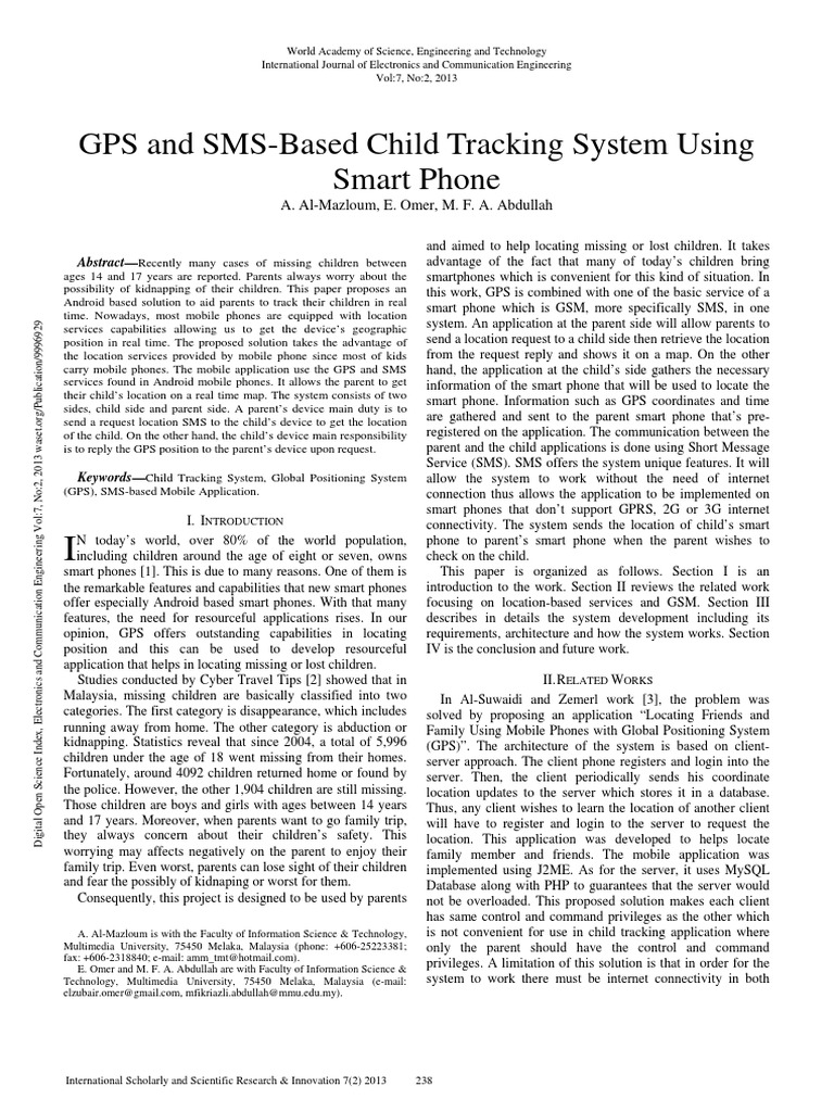 GPS and SMS Based Child Tracking System Using Smart Phone | PDF | Smartphone | Client–Server Model