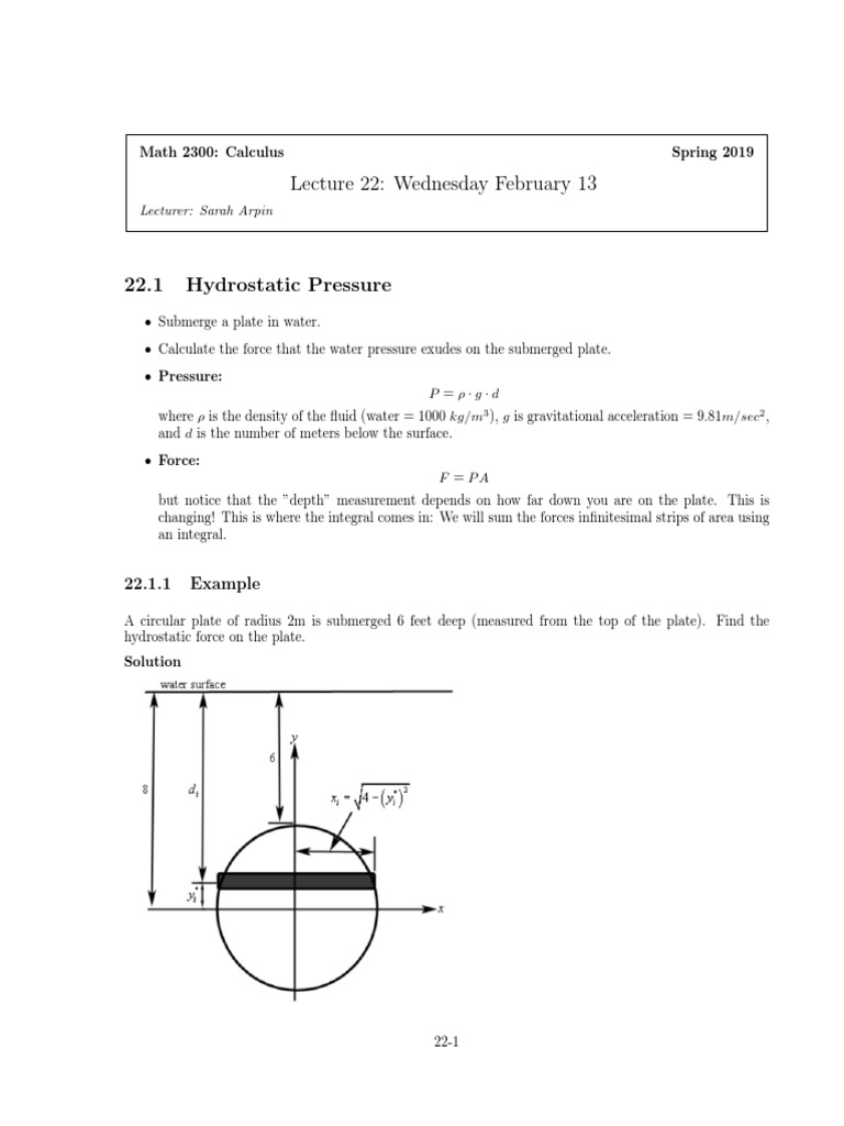 Hydrostatic Pressure on a Submerged Circular Plate: An Application of ...