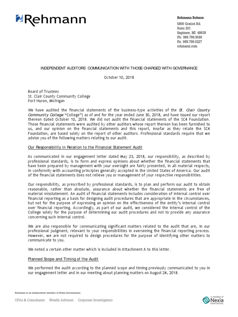 Independent Auditors' Communication With Those Charged With Governance ...