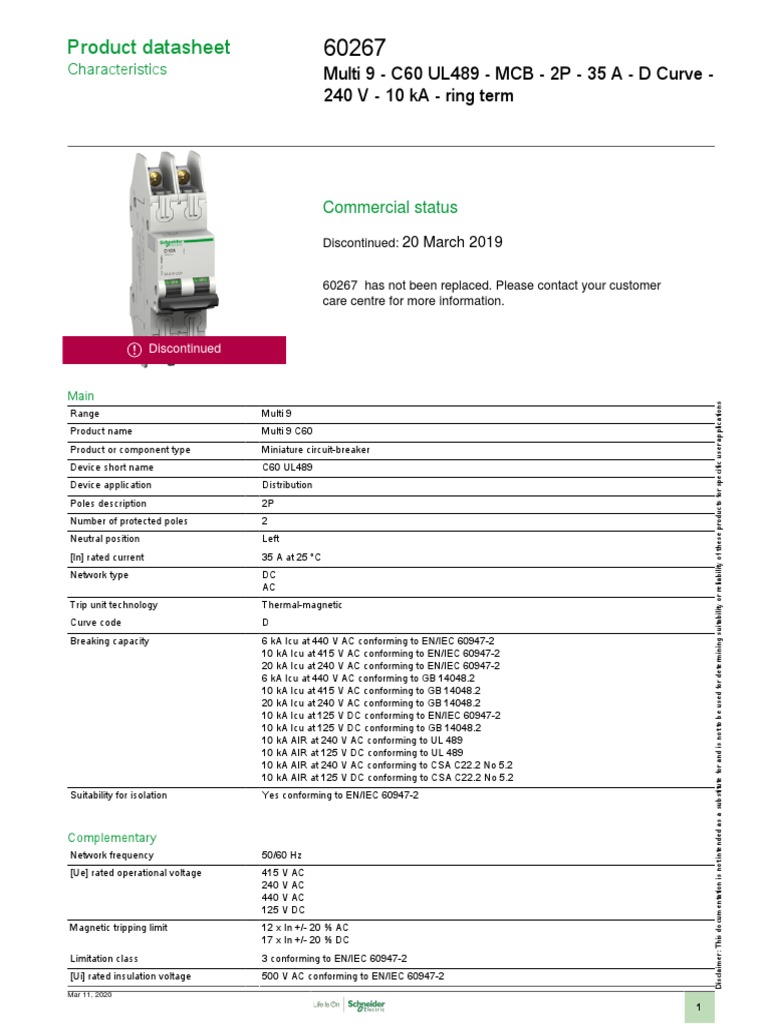 Product Datasheet: Multi 9 - C60 UL489 - MCB - 2P - 35 A - D Curve ...