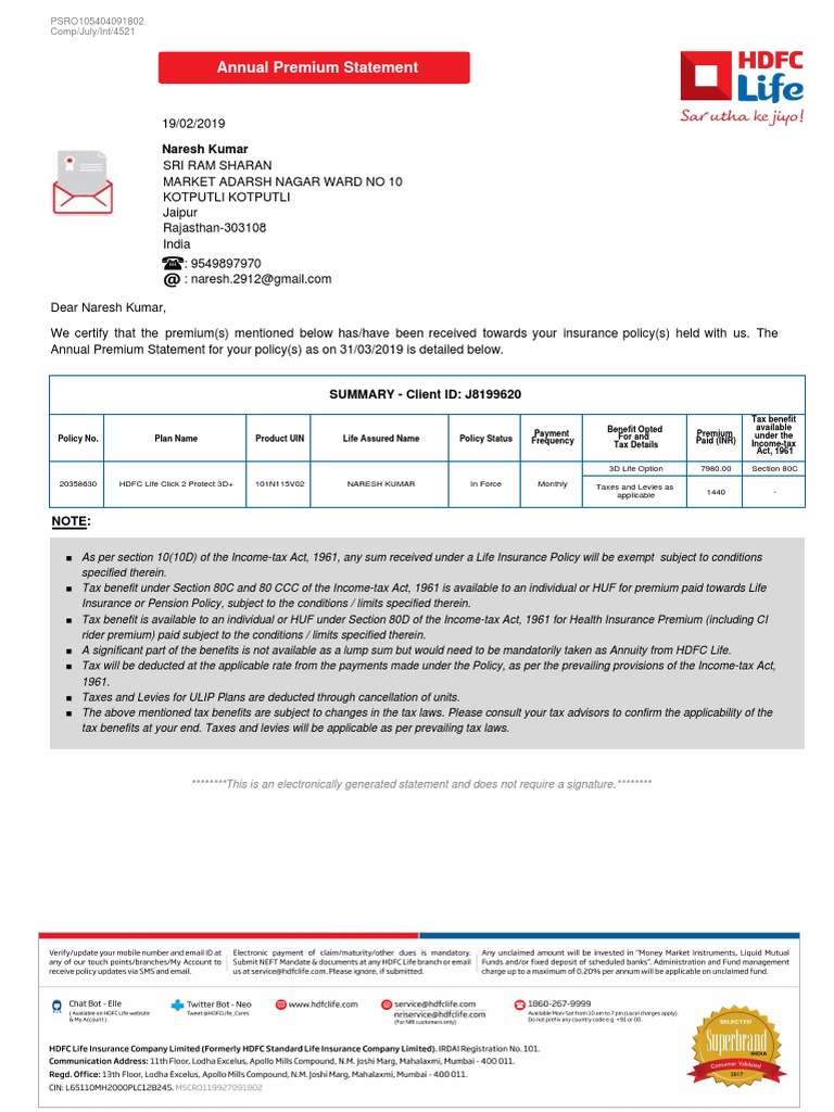 HDFC Policy Statement | PDF | Insurance | Life Insurance