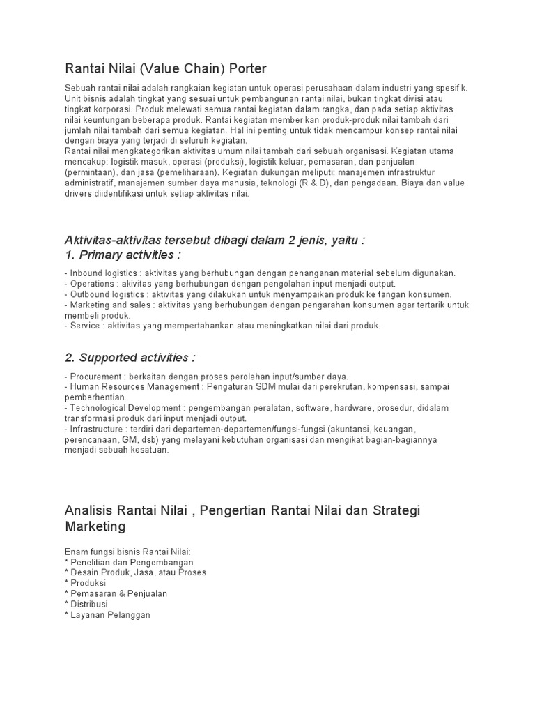 Analisis Rantai Nilai Porter dan Strategi | PDF | Bisnis | Pengelolaan Keuangan & Uang