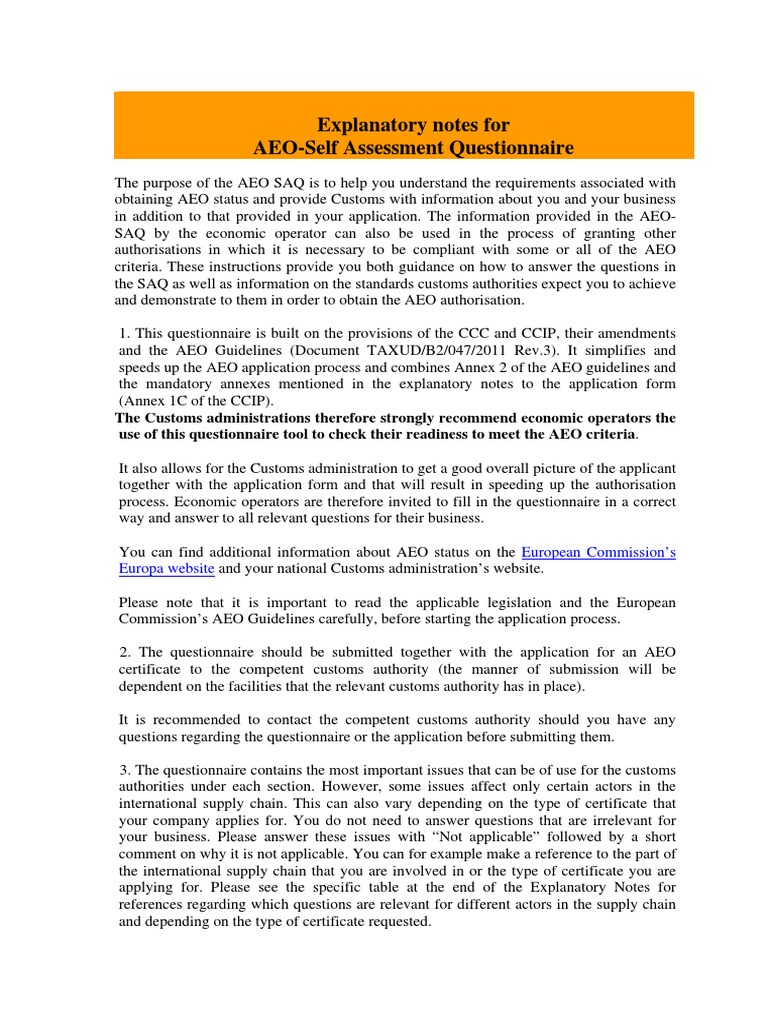 Explanatory Notes For AEO-Self Assessment Questionnaire | PDF | Audit ...