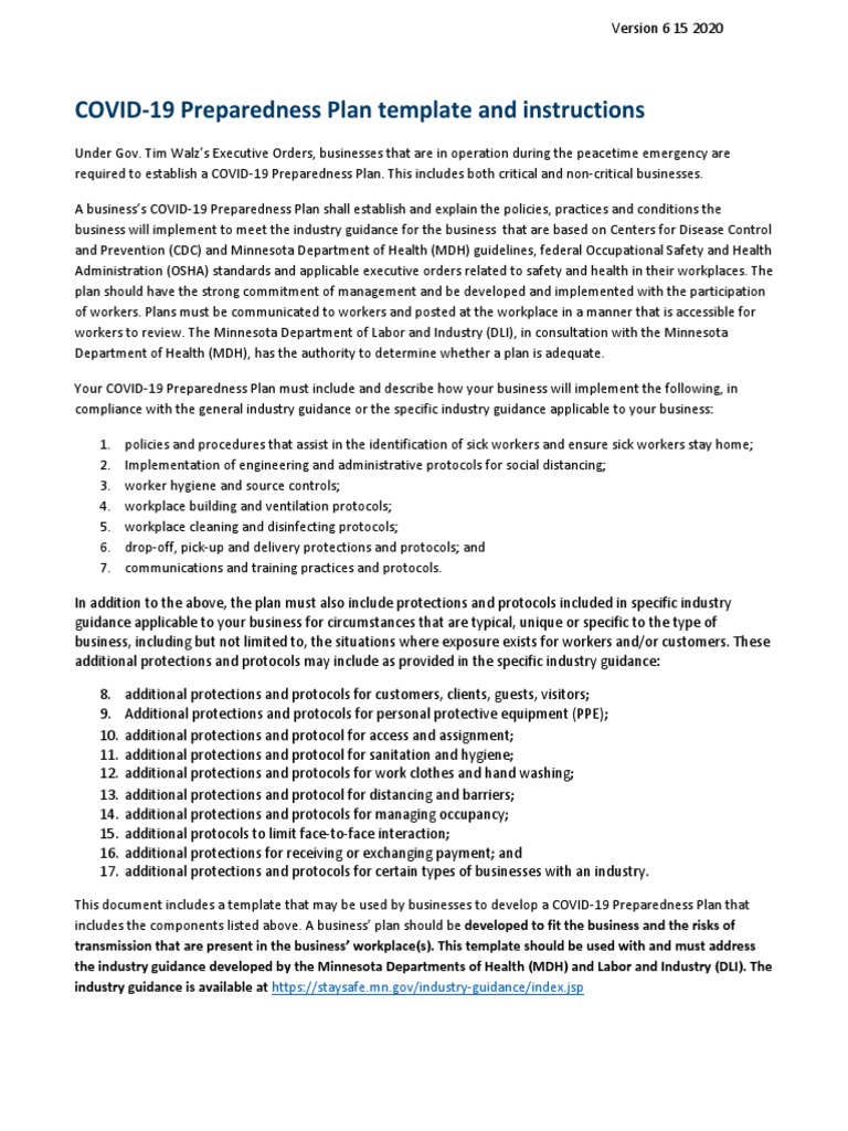 COVID-19 Preparedness Plan Template and Instructions | PDF ...