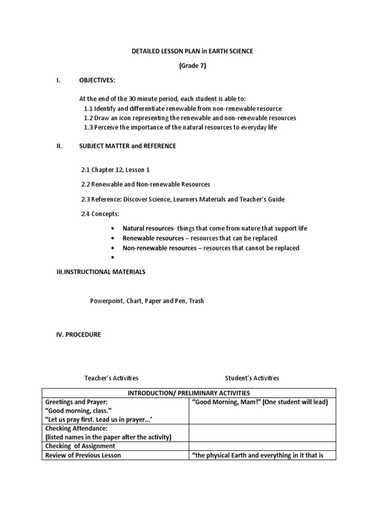 DETAILED LESSON PLAN in EARTH SCIENCE GR | PDF | Renewable Resources ...