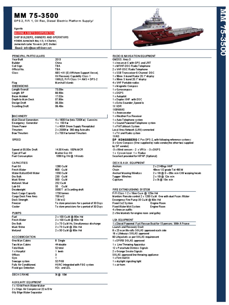 75M PSV Specifications PDF | PDF | Water Transport | Watercraft