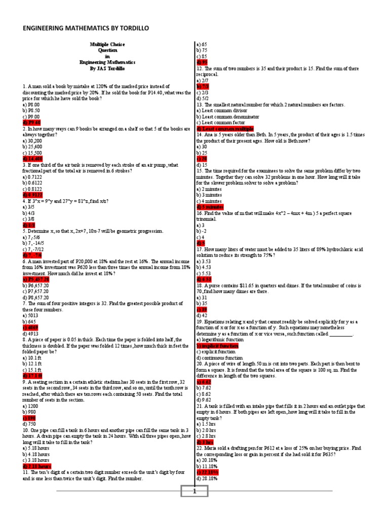 MULTIPLE CHOICE QUESTIONS in ENGINEERING MATHEMATICS by JAS Tordillo ...