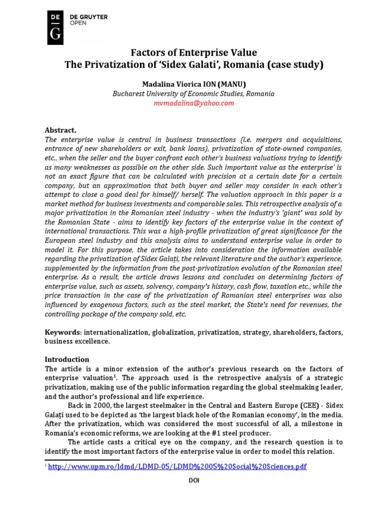 Factors of Enterprise Value The Privatization of Sidex Galati', Romania ...