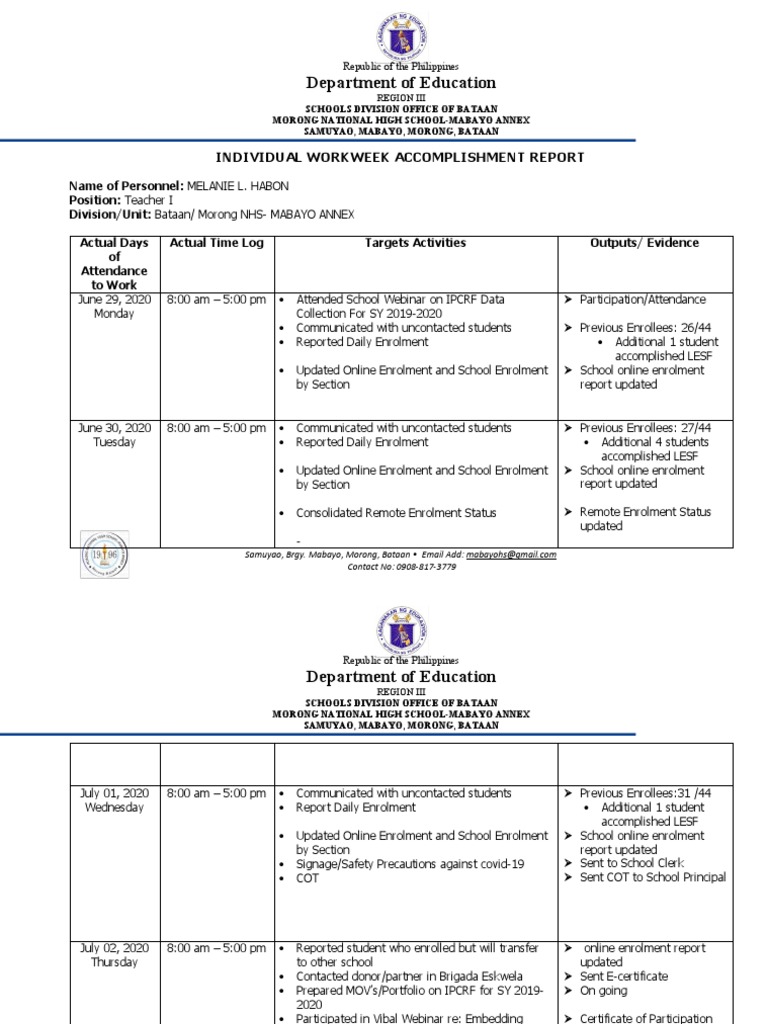Department of Education: Individual Workweek Accomplishment Report ...