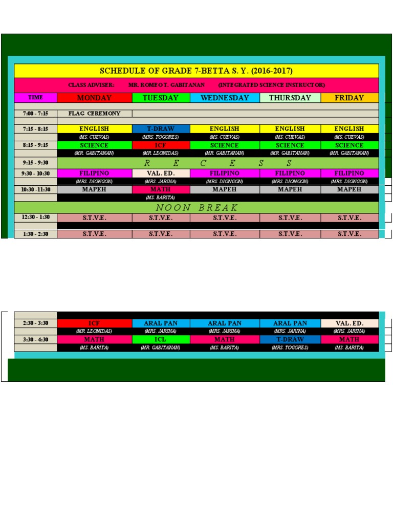 Schedule of Grade 7-Betta S. Y. (2016-2017) : R e C e S S | PDF