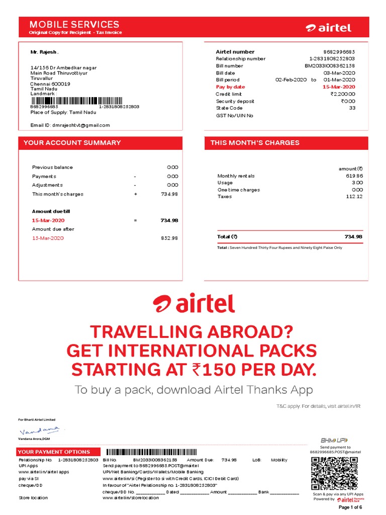 Airtel Bill - Feb 2020 | PDF | Payments | Cheque