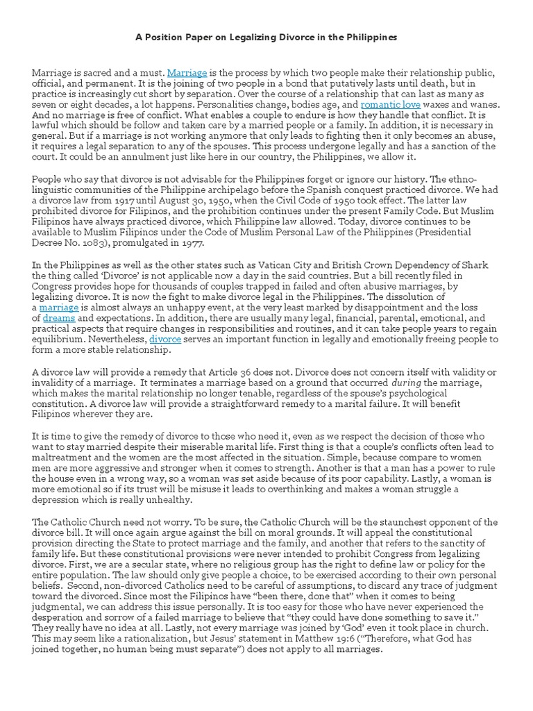 A Position Paper On Legalizing Divorce in The | PDF | Divorce | Marriage