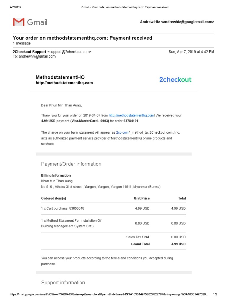Gmail - Your Order On Methodstatementhq - Com - Payment Received PDF | PDF | Payments | Services ...