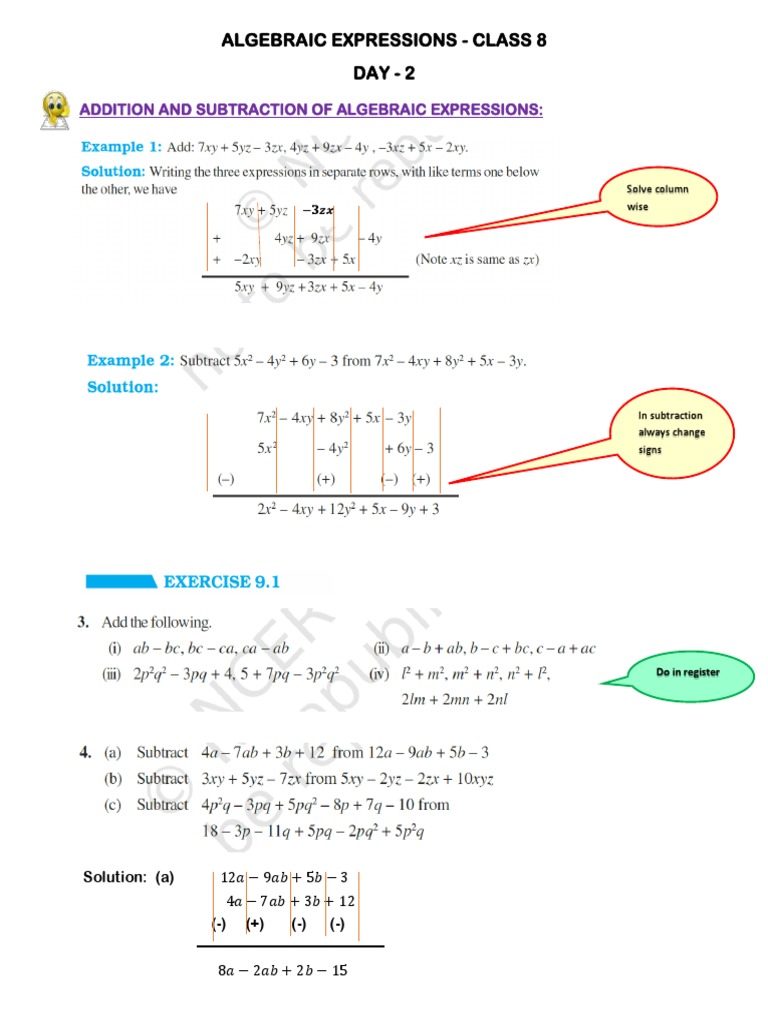 Algebraic Expressions Notes Day-2 | PDF | Multiplication | Algebra